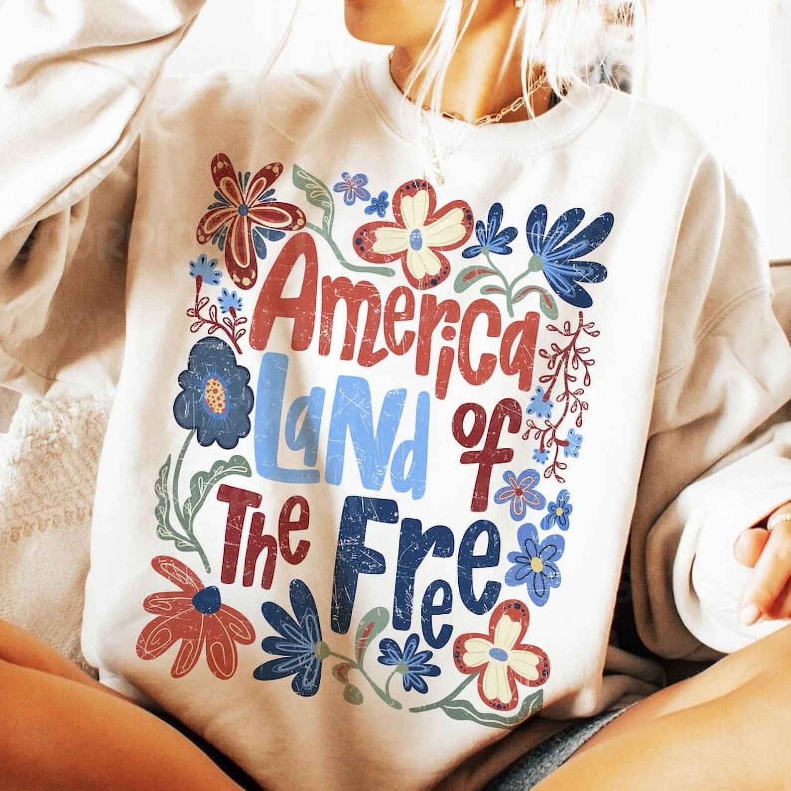 America Land Of The Free, Retro Floral 4th of July, Retro Boho Flower ...