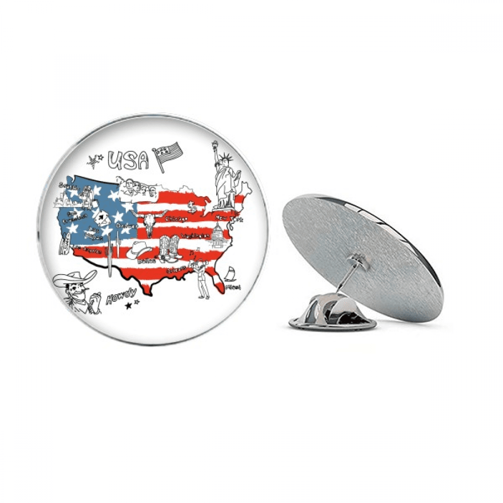 America Map Liberty Word Illustration Round Metal Tack Hat Pin Brooch