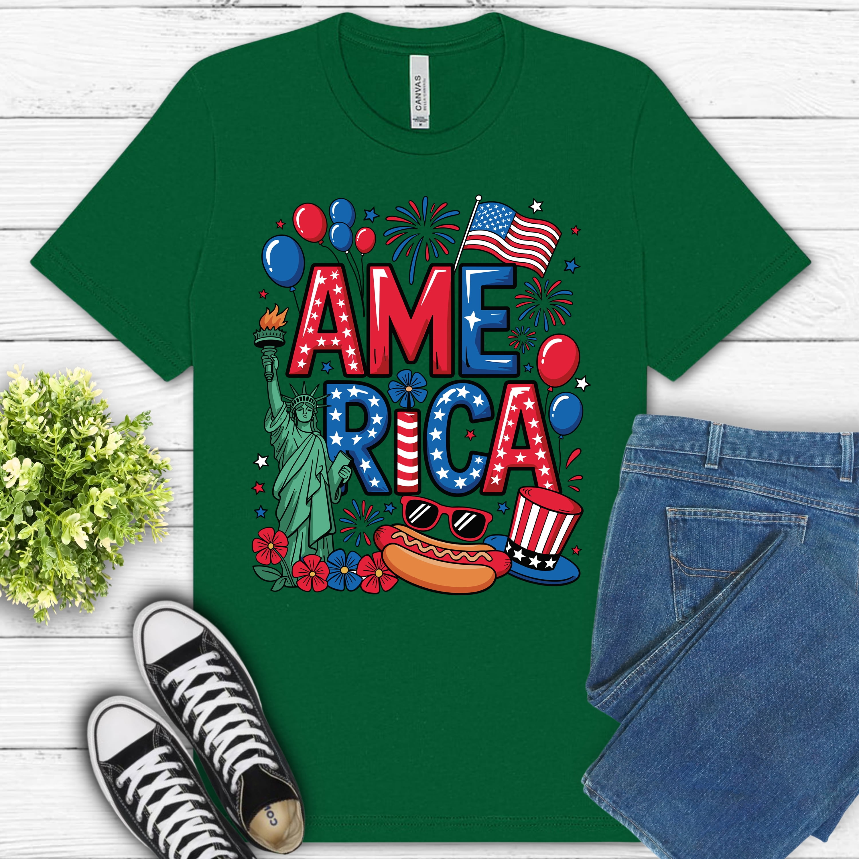 America Patriotic T-Shirt for Women Statue of Liberty Fireworks Graphic ...
