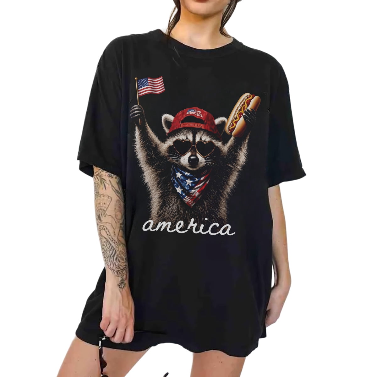 America Raccoon Hot Dog Patriotic Graphic Casual T-Shirt for Men and ...