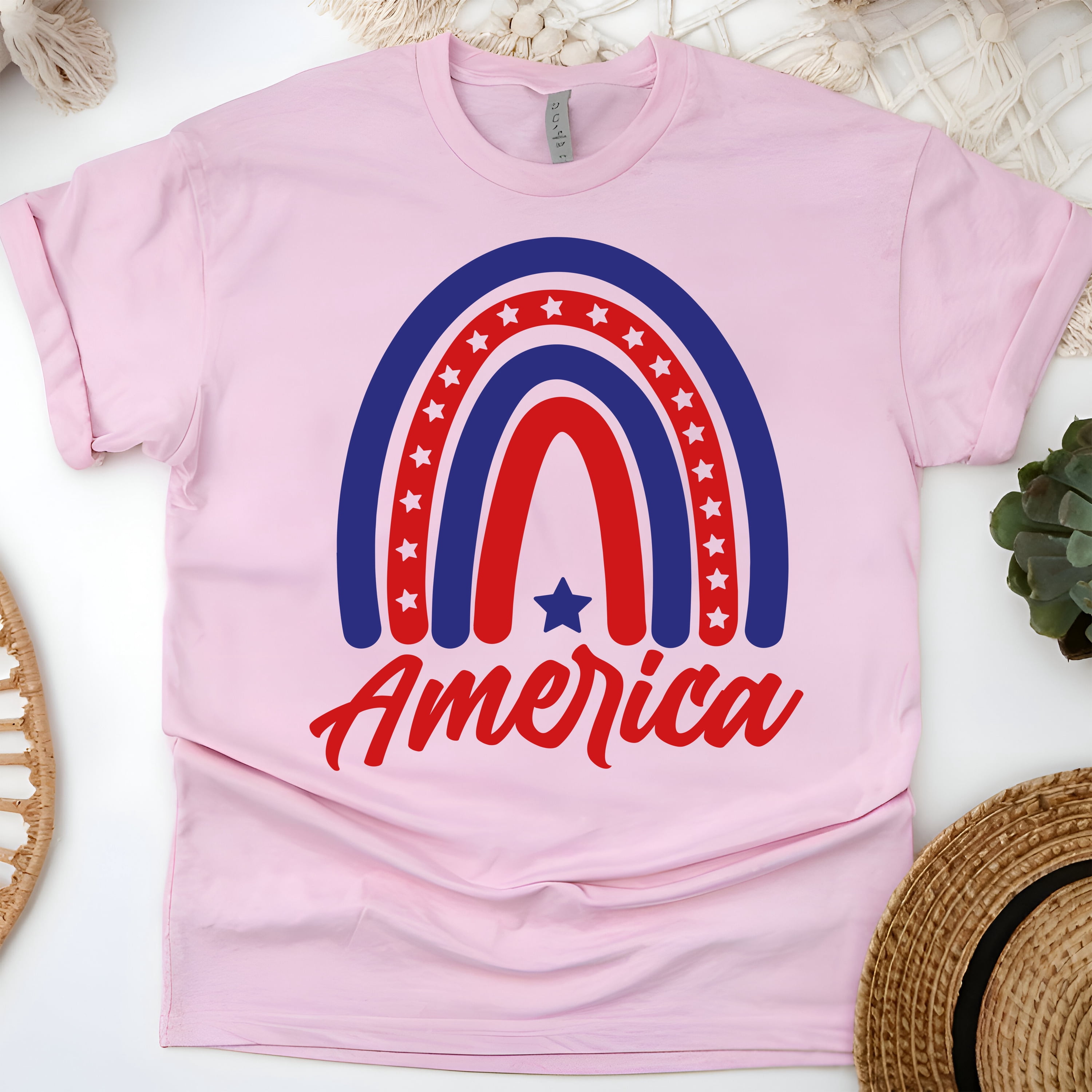 America Rainbow T-Shirt, Red White Blue Stars Graphic Tee, Light Pink ...