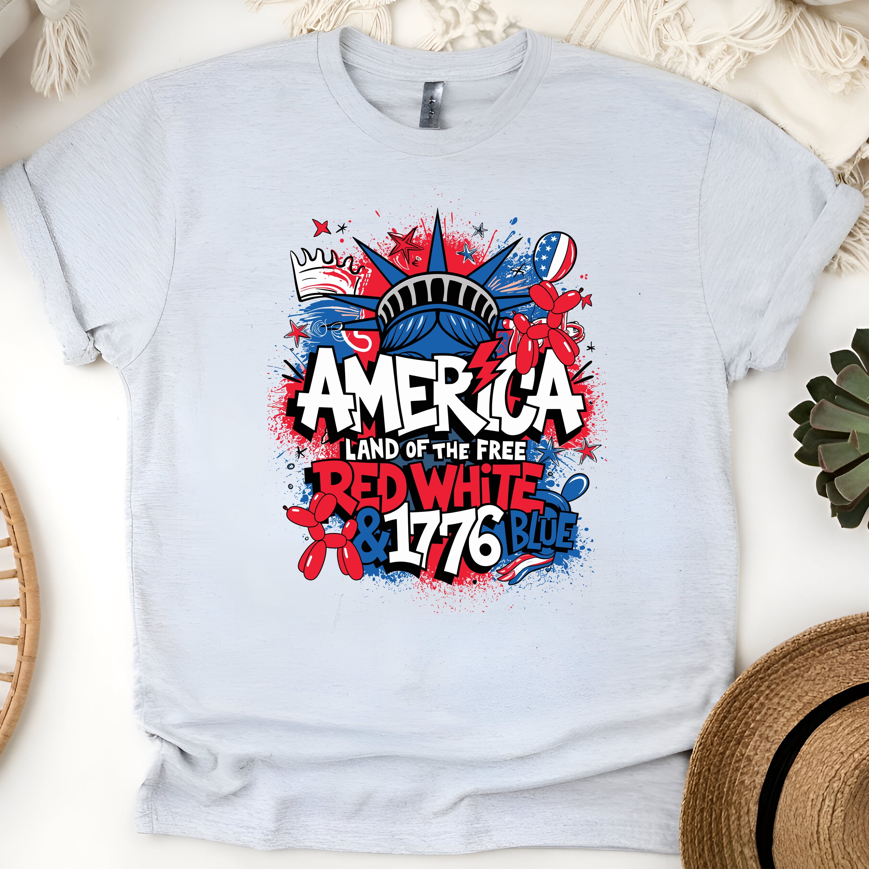 America Red White Blue T-Shirt – 1776 Graffiti Patriotic Tee, Ash, Size ...