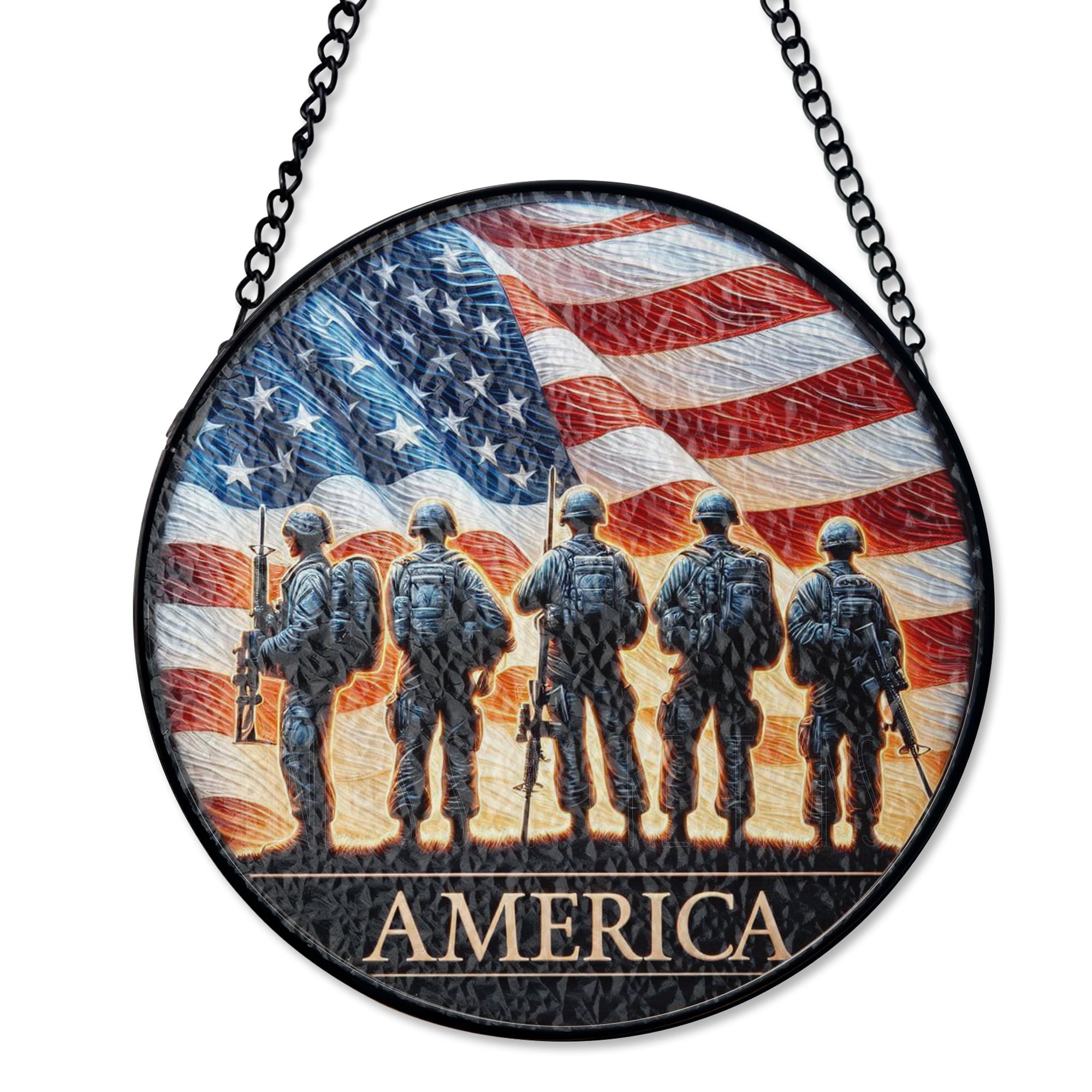 America Soldiers And Flag Suncatcher, Stained Glass Style UV Printed ...