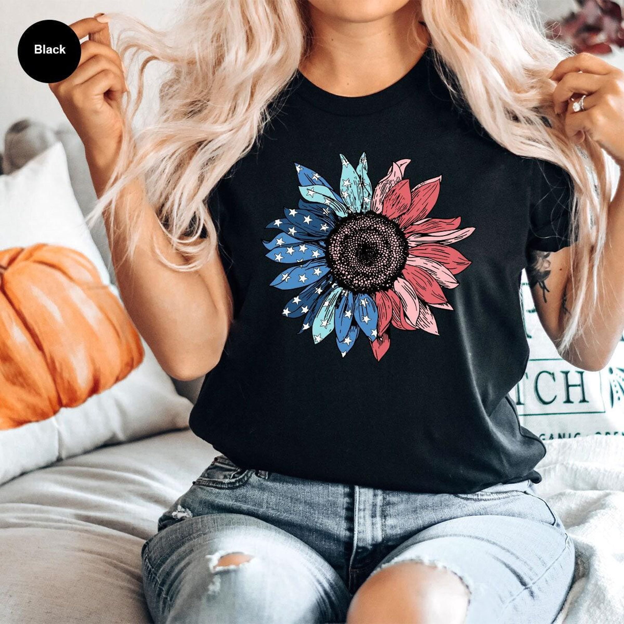 America Sunflower TShirt USA Flag Flower Shirt 4th Of July Graphic Tees ...