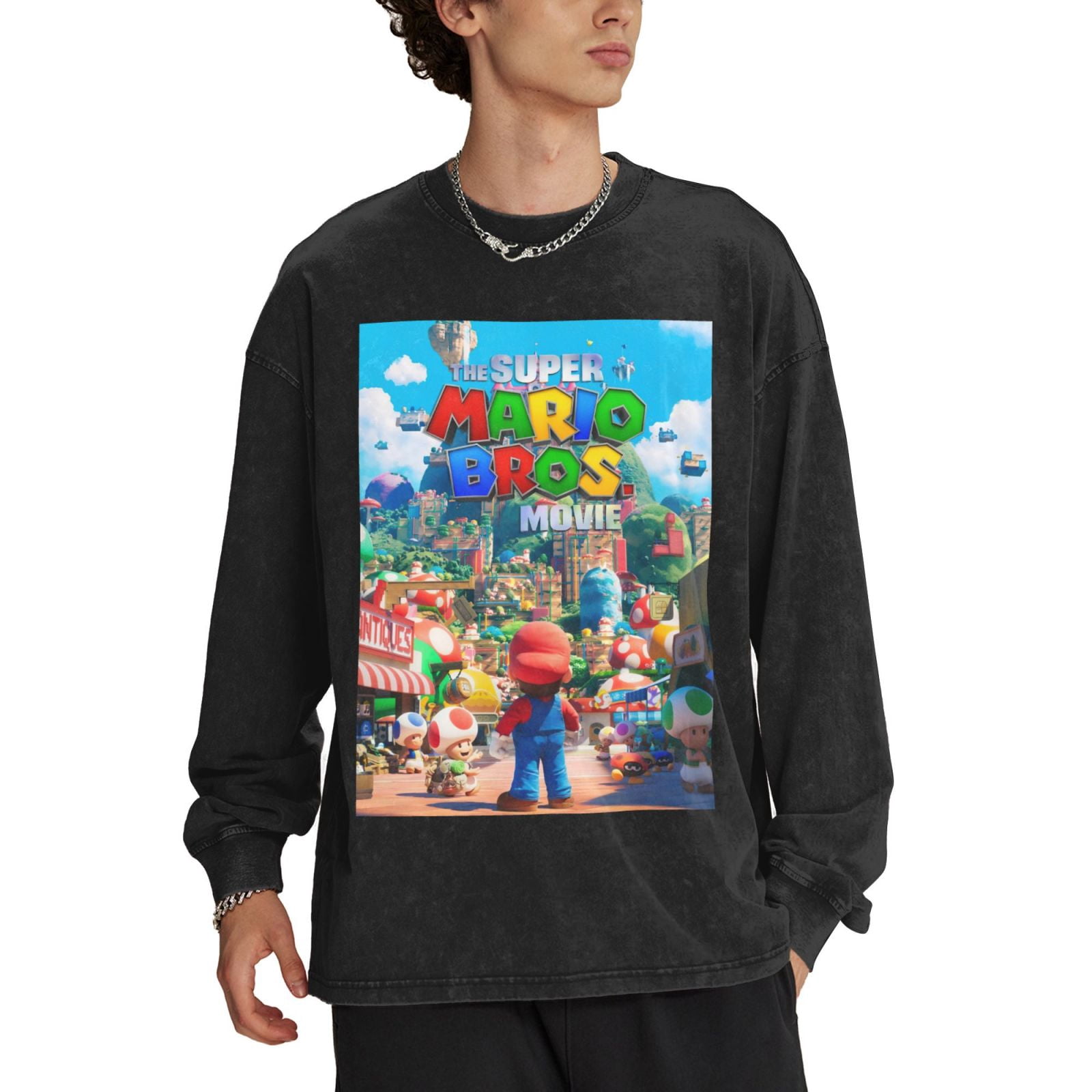America Super Mario Poster Long Sleeve Shirt Men's Heavy Weight Crew ...
