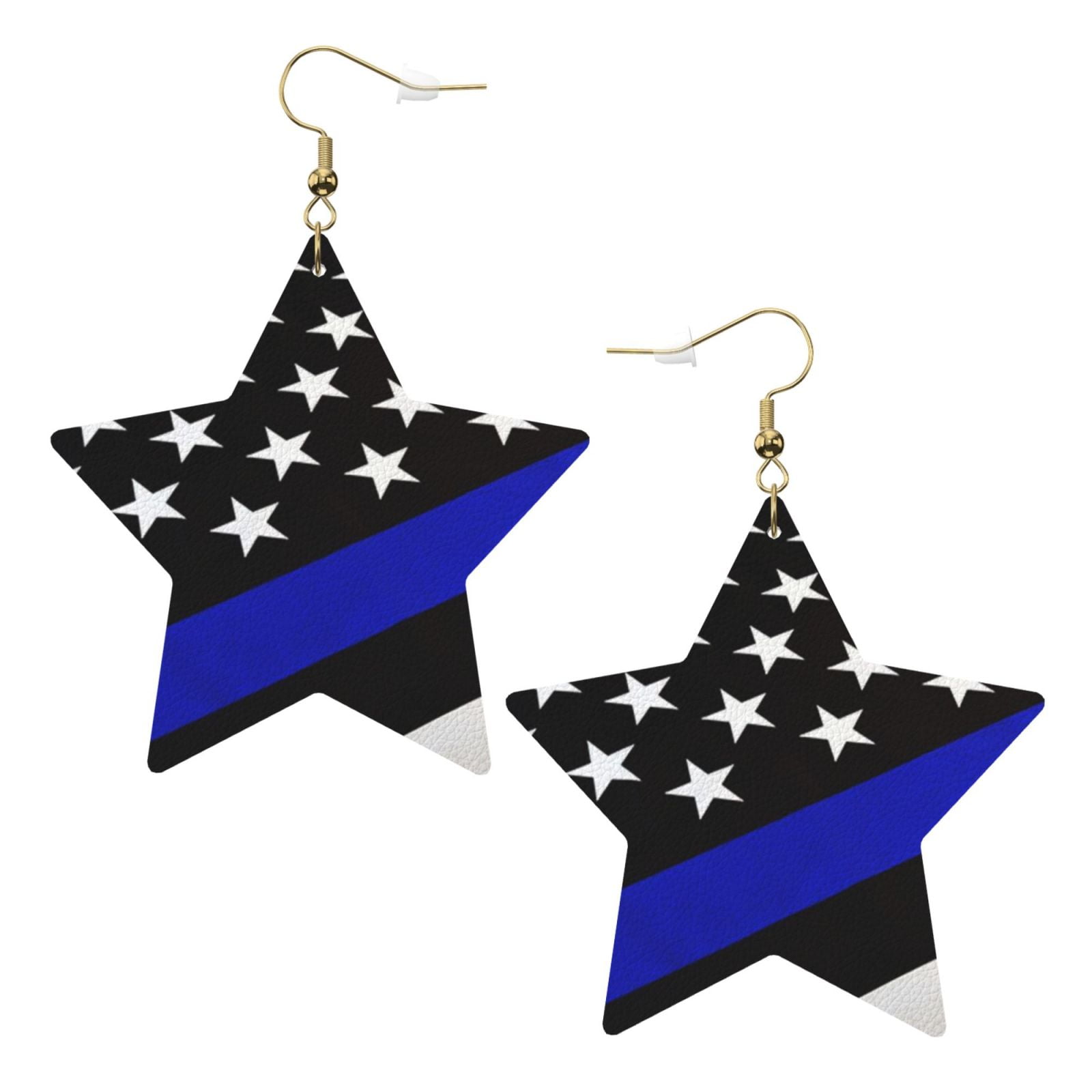 America Thin Blue Line Flag Star Faux Leather Dangle Drop Earrings For ...