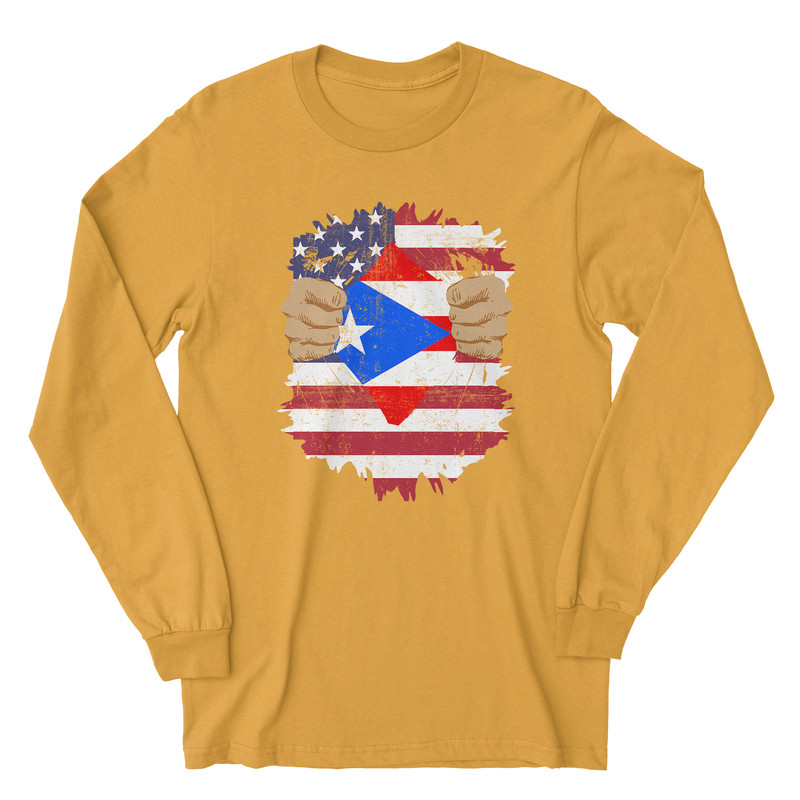 America USA Puerto Rico Flag Hero Ripped Long Sleeve T-Shirt (Gold ...