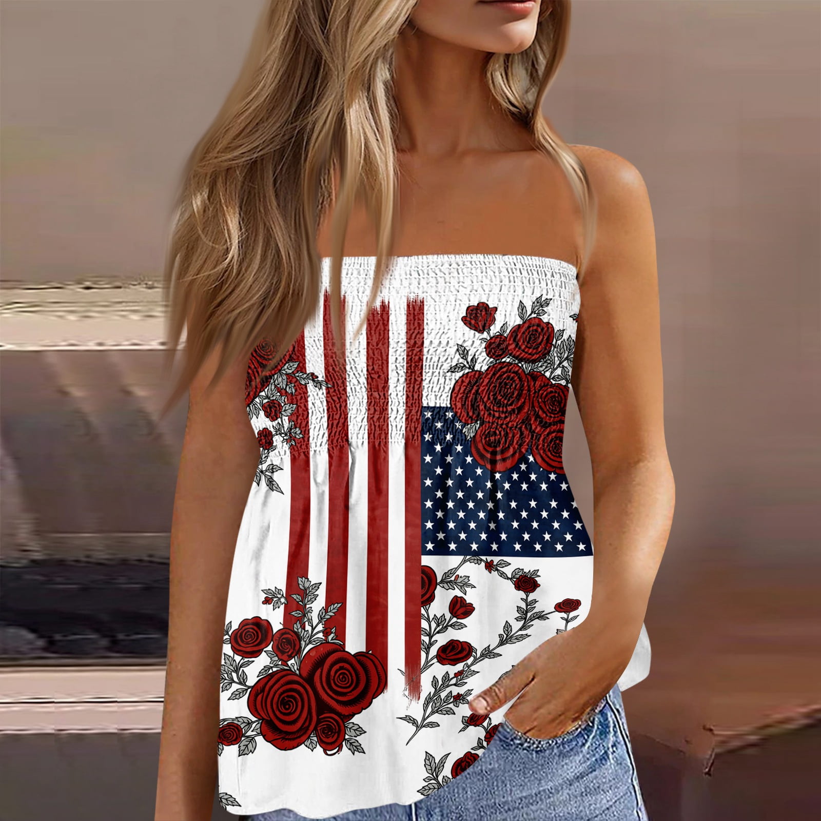 American 250th Anniversary Flag Print Tube Tops for Women Elastic Trim ...