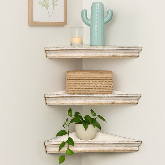 American Art Decor Rustic Whitewashed Wood Floating Corner Shelves ...