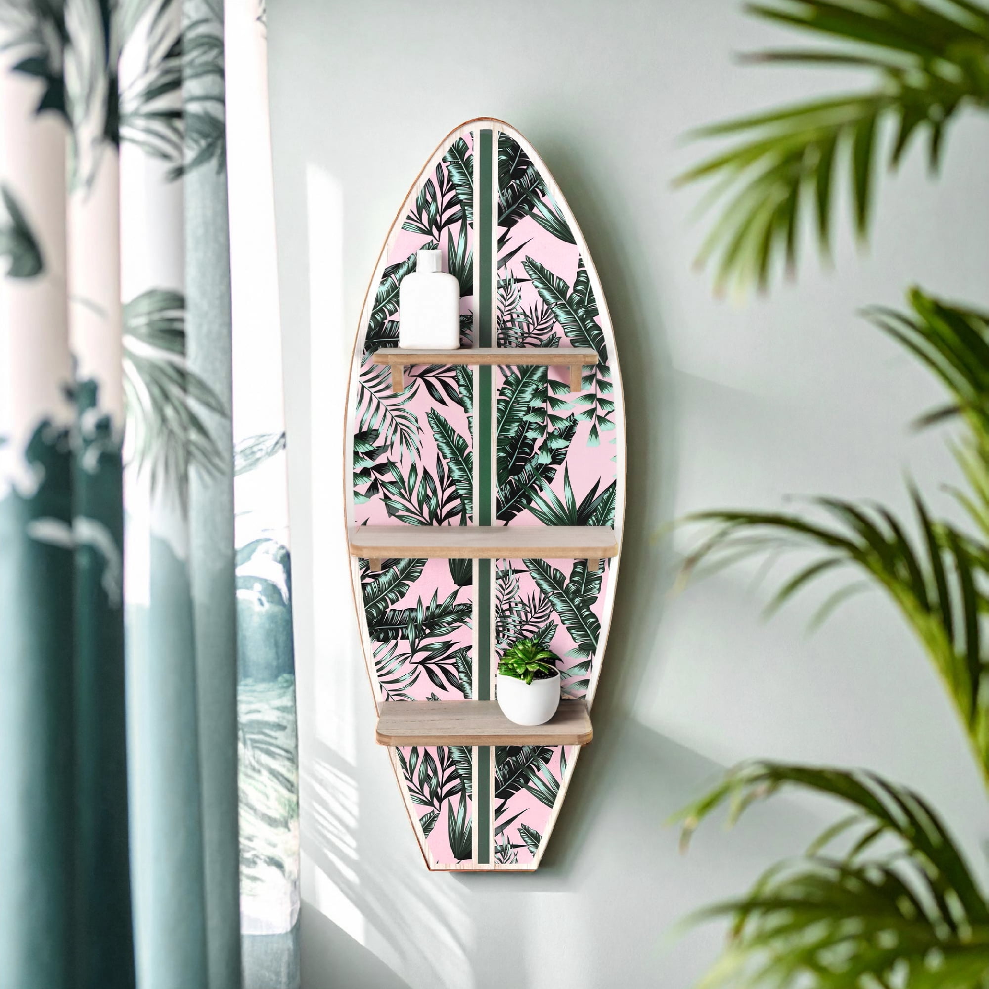 American Art Decor Tropical Palms Leaves Surfboard Wall Shelf | Pink ...