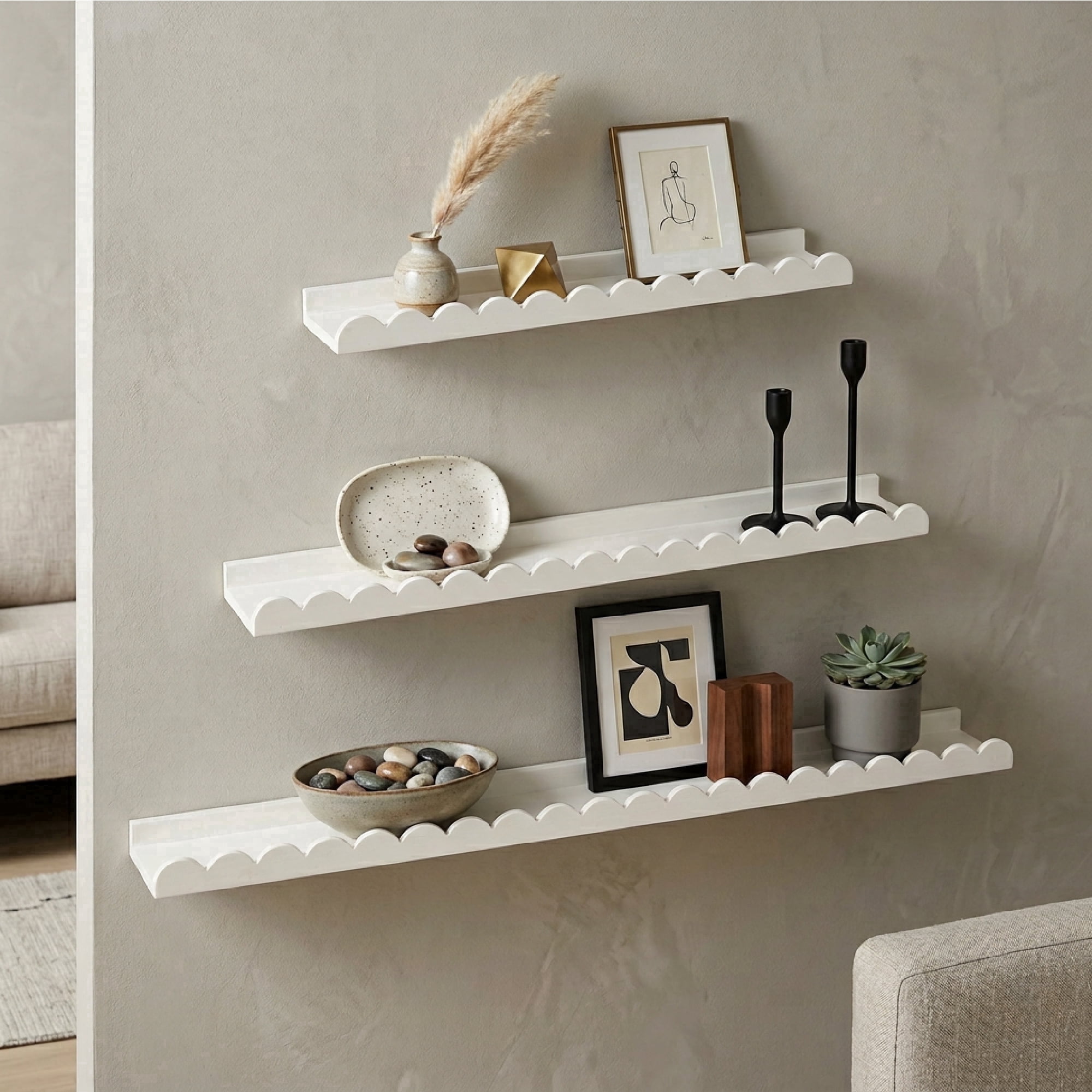 American Art Decor White Scallop Floating Wall Shelf Set of 3, Wood ...