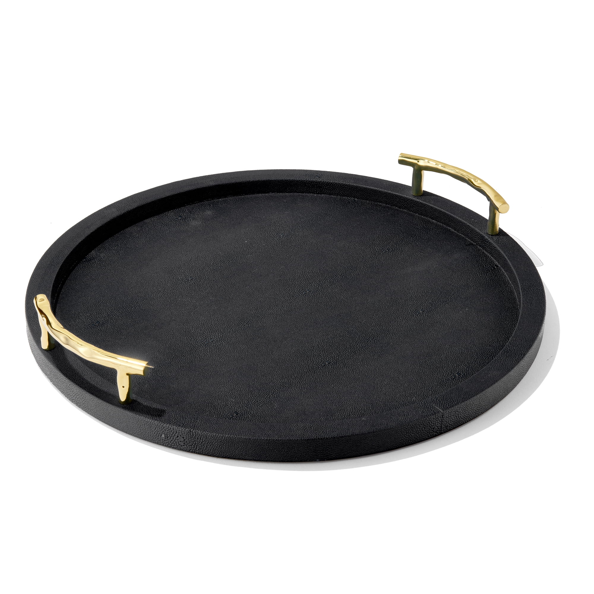 American Atelier Round Serving Tray, Black PU Leatherette, Gold Handles ...