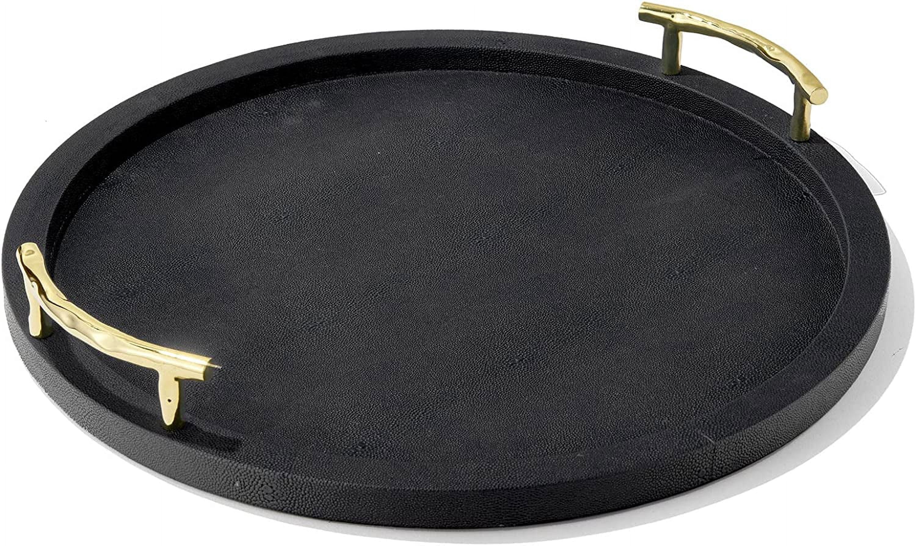 American Atelier Round Serving Tray, Black PU Leatherette, Gold Handles ...