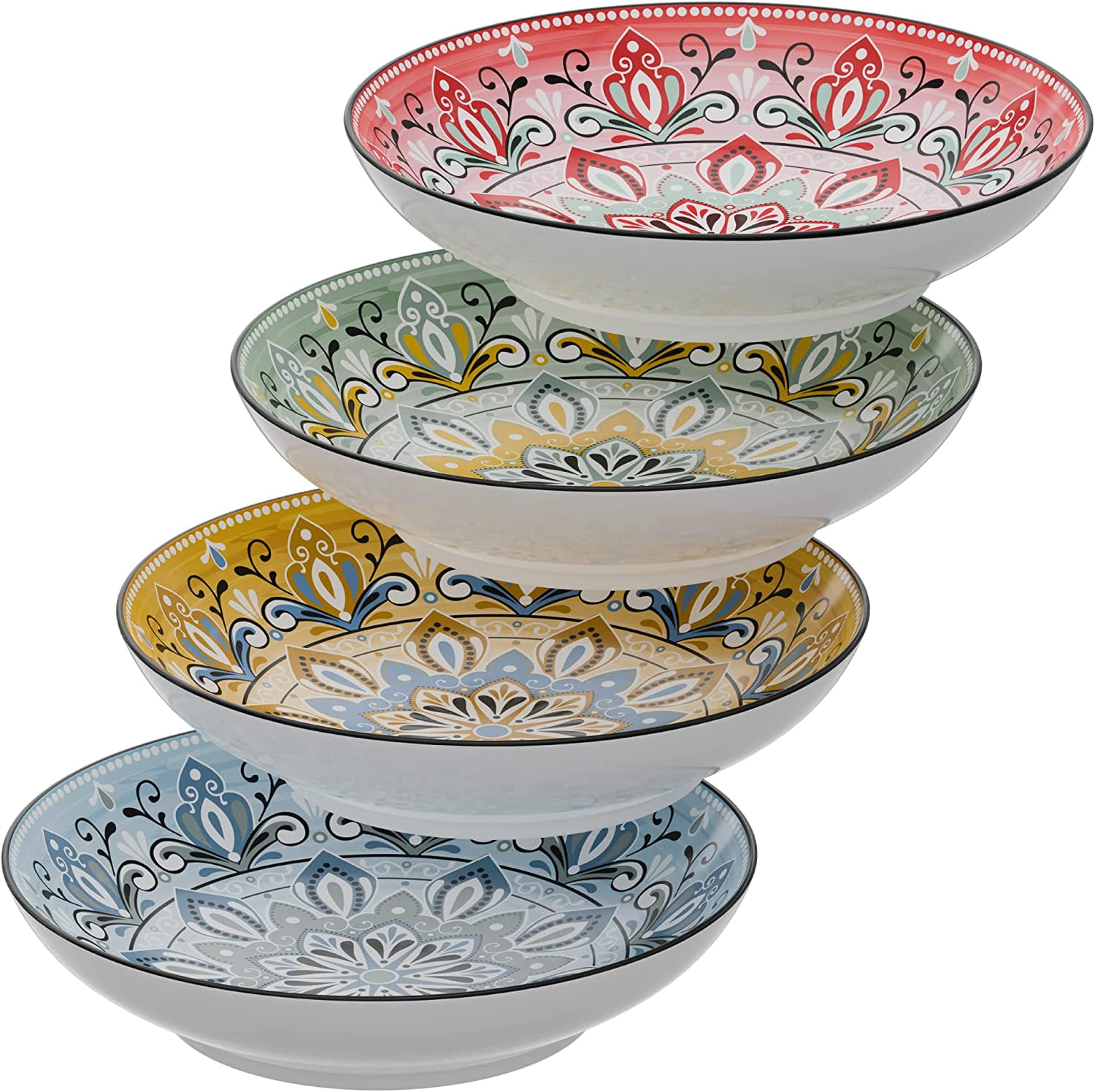 American Atelier 9-inch Pasta Bowls Set of 4, Assorted Colors Medallion ...