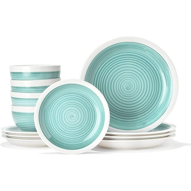 American Atelier, Round, Spiral Blue Turquoise Stoneware Dinnerware Set ...