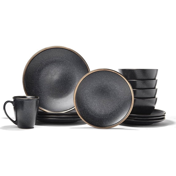 American Atelier Modern Stoneware Dinner Dishes, Varda Speckled Black ...
