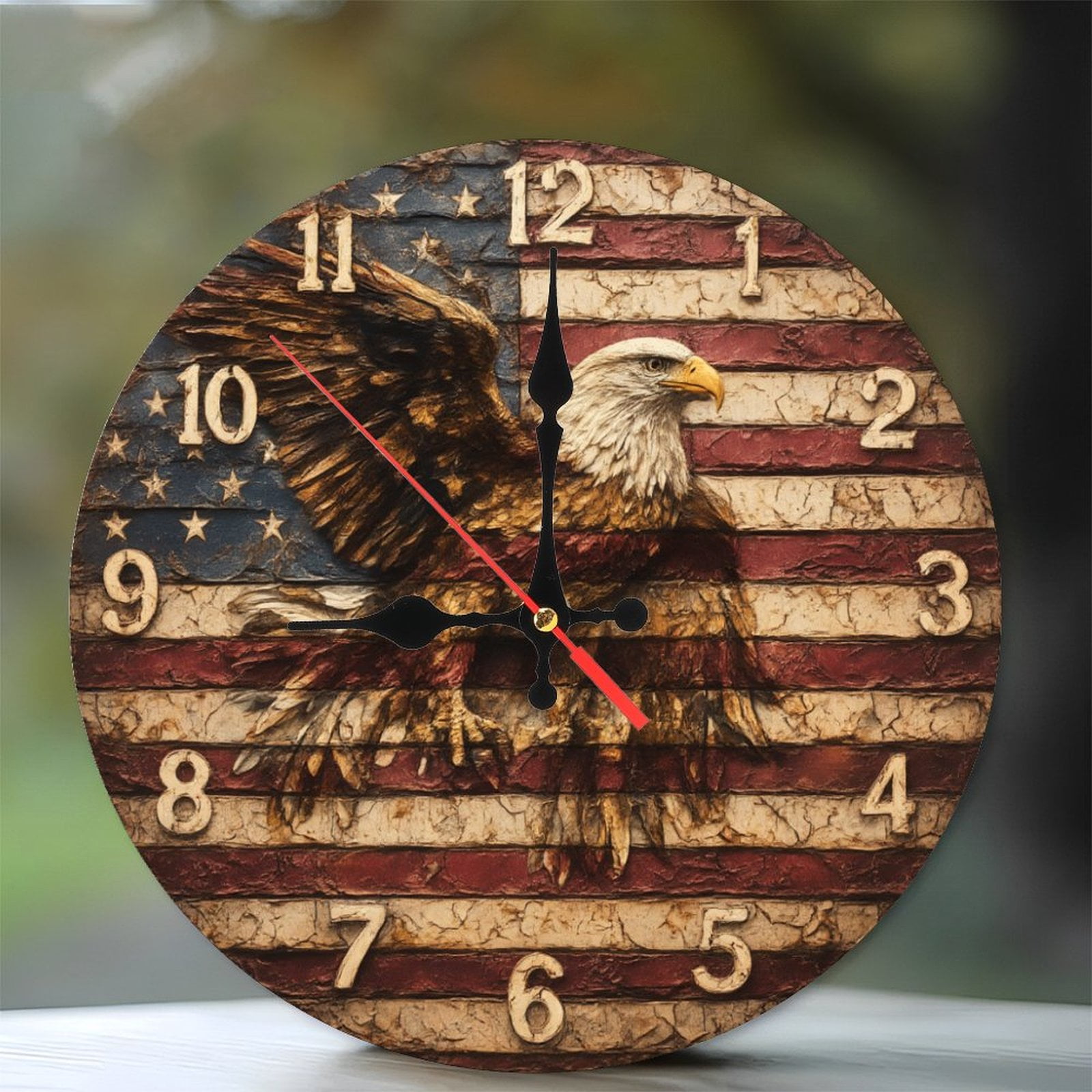 American Bald Eagle Flag Wall Clock Rustic Decor 10-Inch Silent Wooden ...
