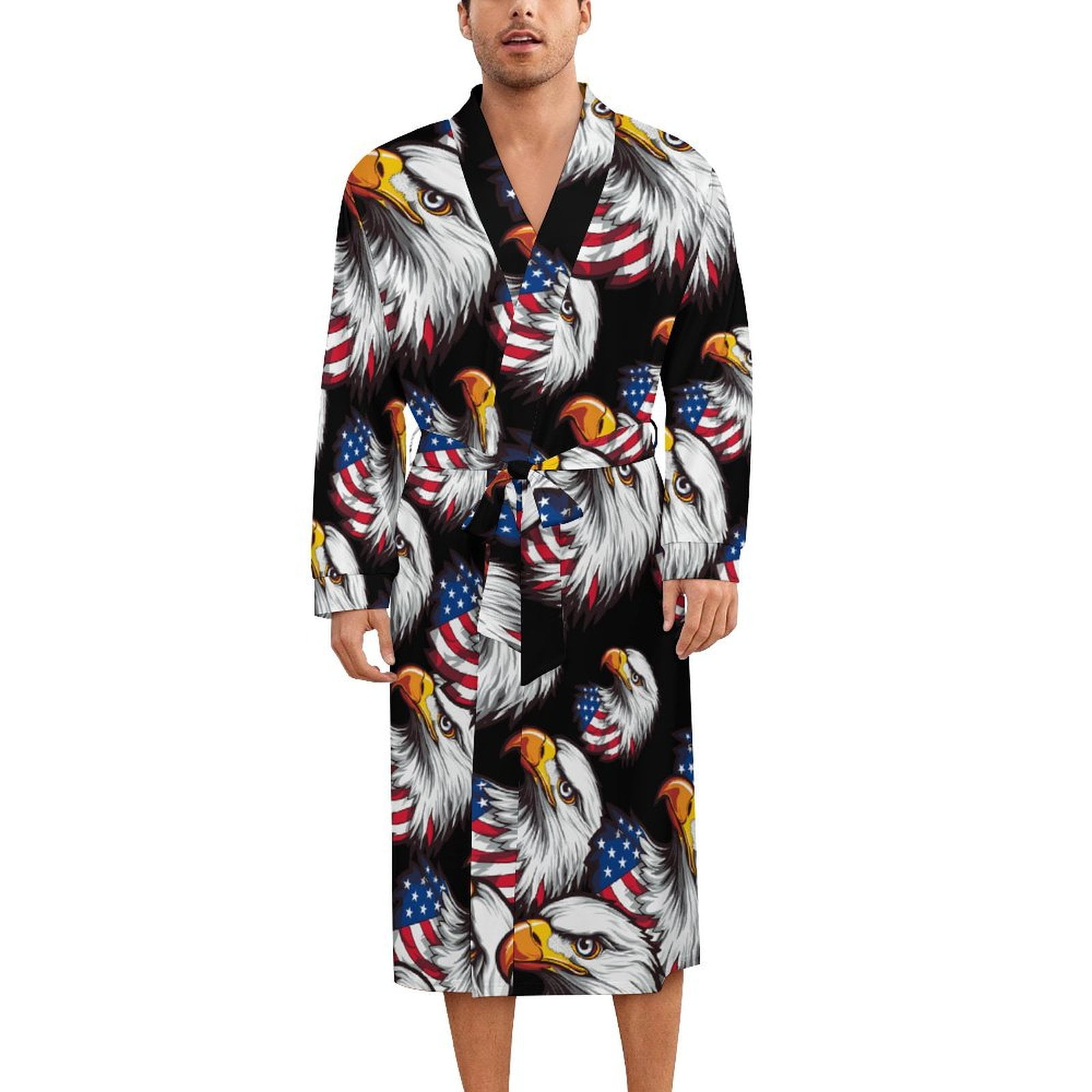 American Bald Eagle USA Flag Men's Kimono Robe Milk Silk Classic Long ...