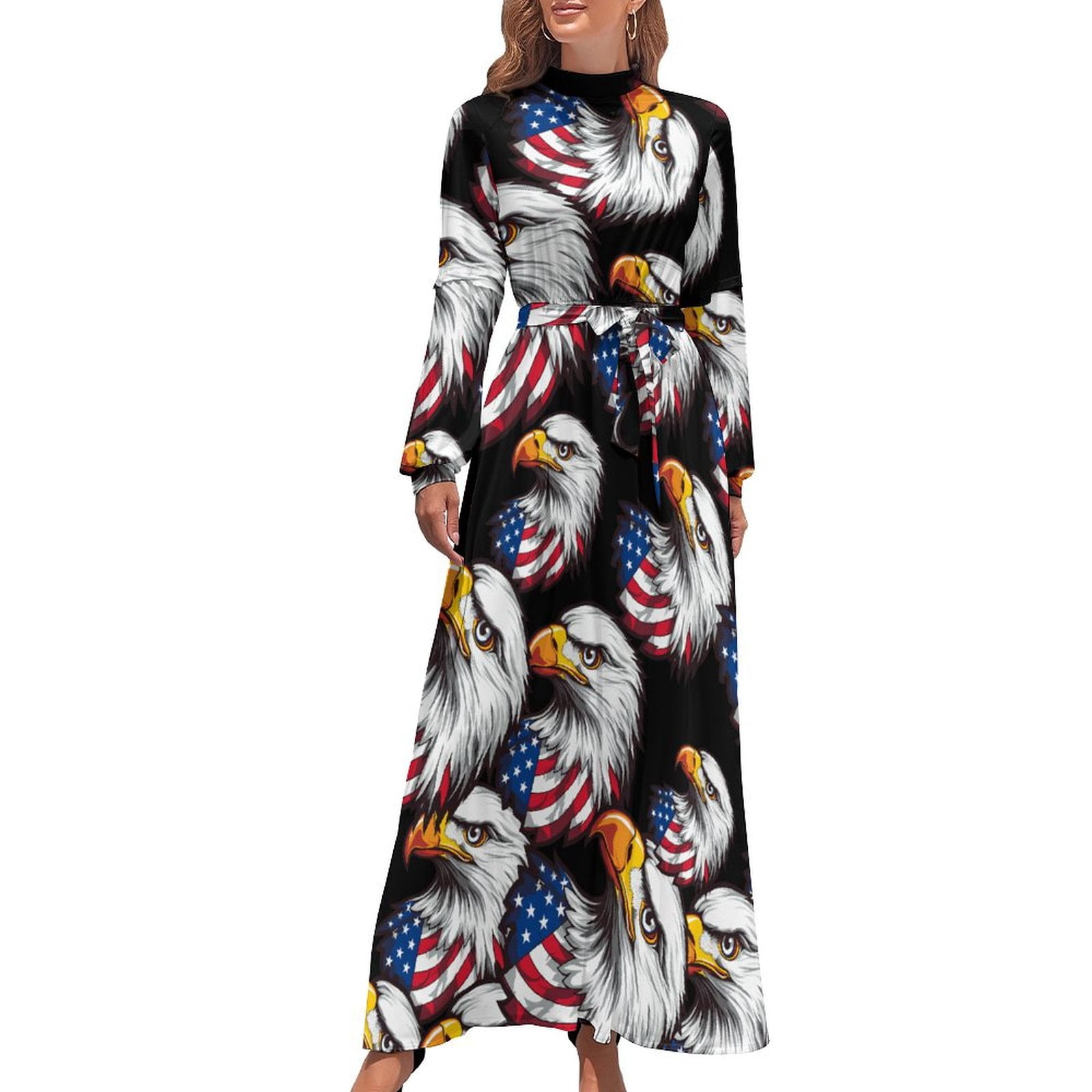 American Bald Eagle USA Flag Women's Fall Maxi Dress Long Sleeve ...