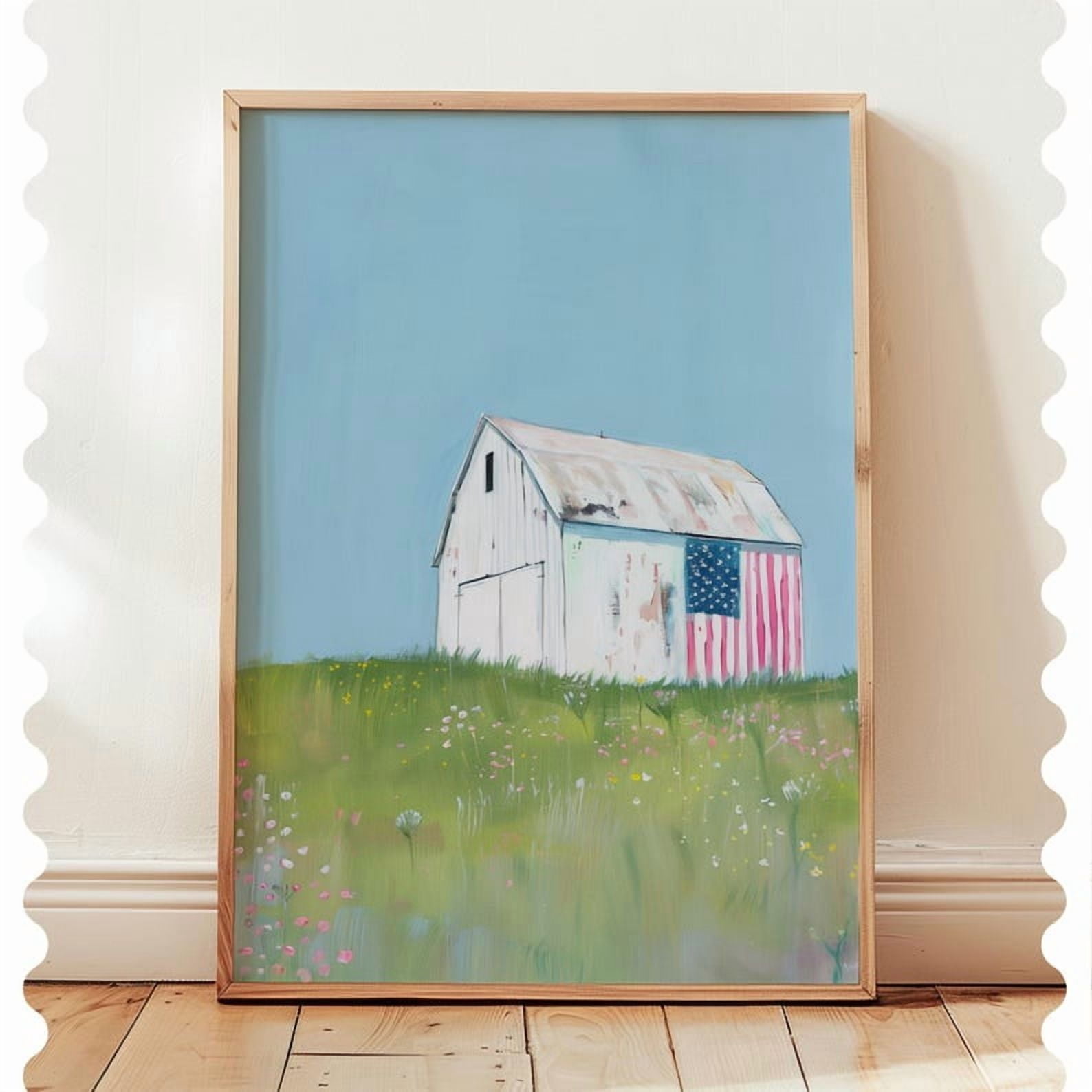 American Barn Print Patriotic Wall Art Rustic Farmhouse Decor White ...