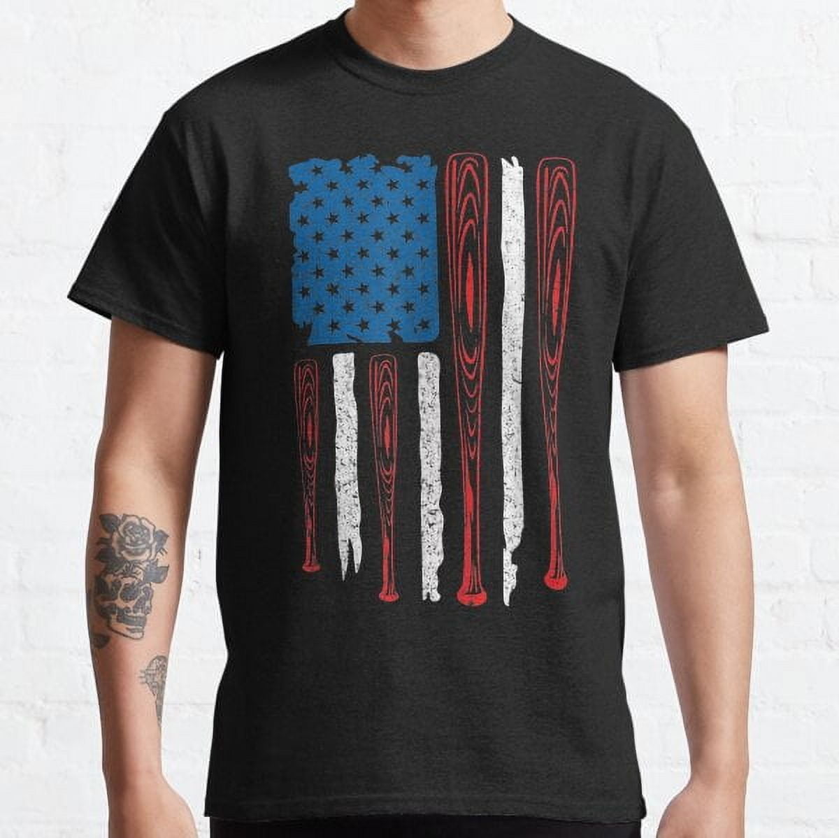 American Baseball Bat Flag Distressed Ball Player Classic T-Shirt ...
