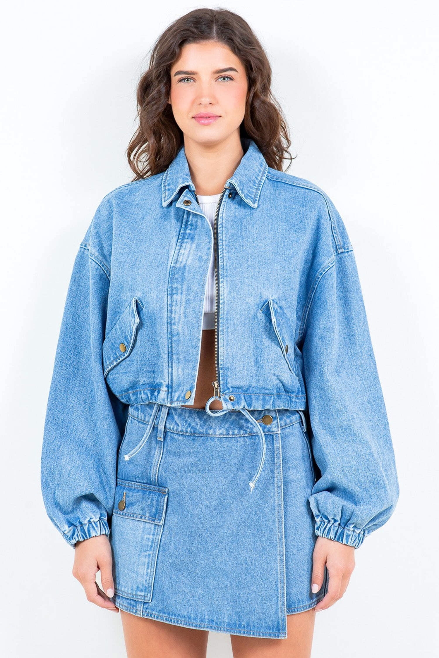 American Bazi Drawstring Waist Crop Denim Jacket for Women - Walmart.com
