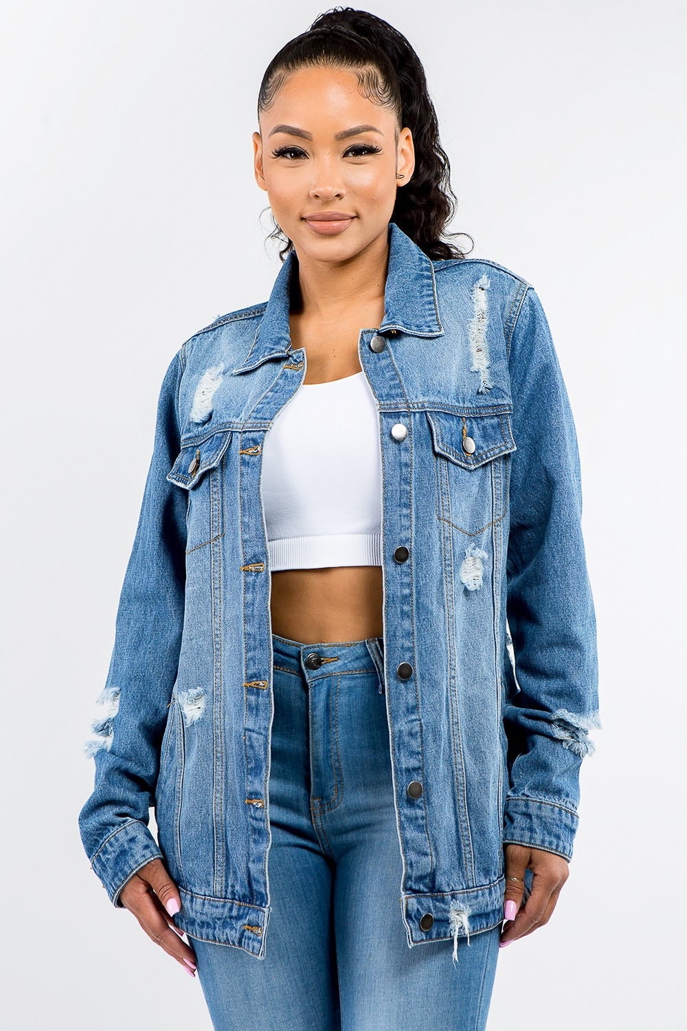 American Bazi Full Size Button Up Distressed Denim Jacket - Walmart.com