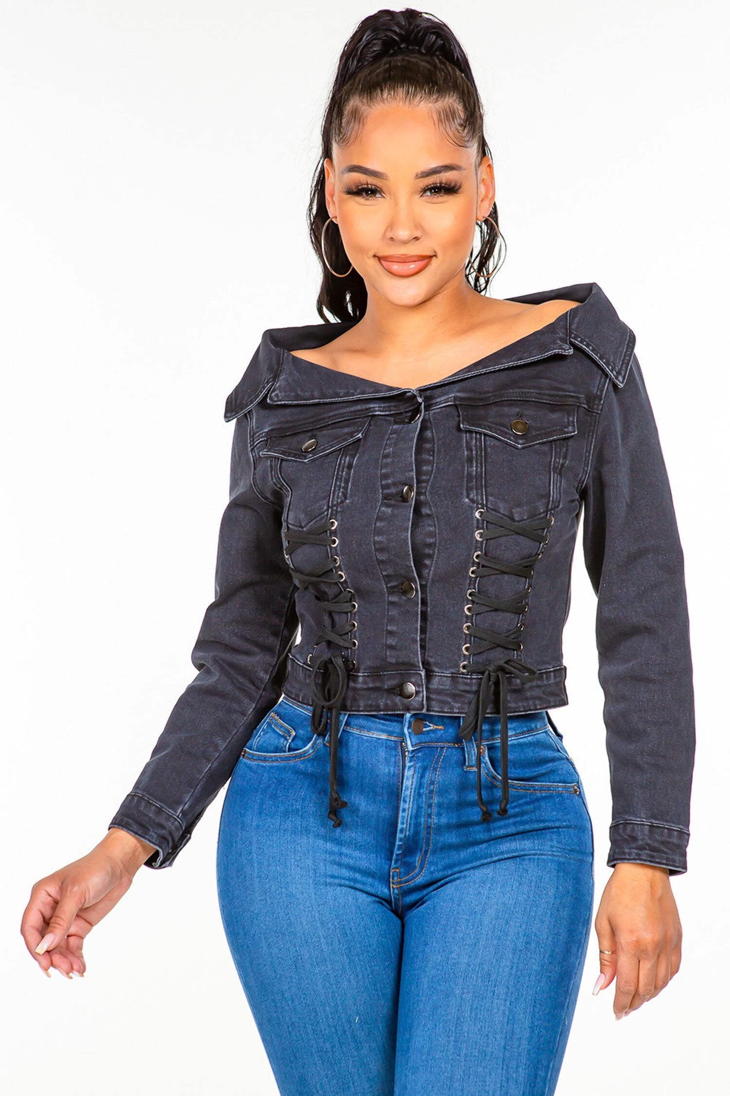 American Bazi Off Shoulder Lace Up Denim Jacket - Walmart.com
