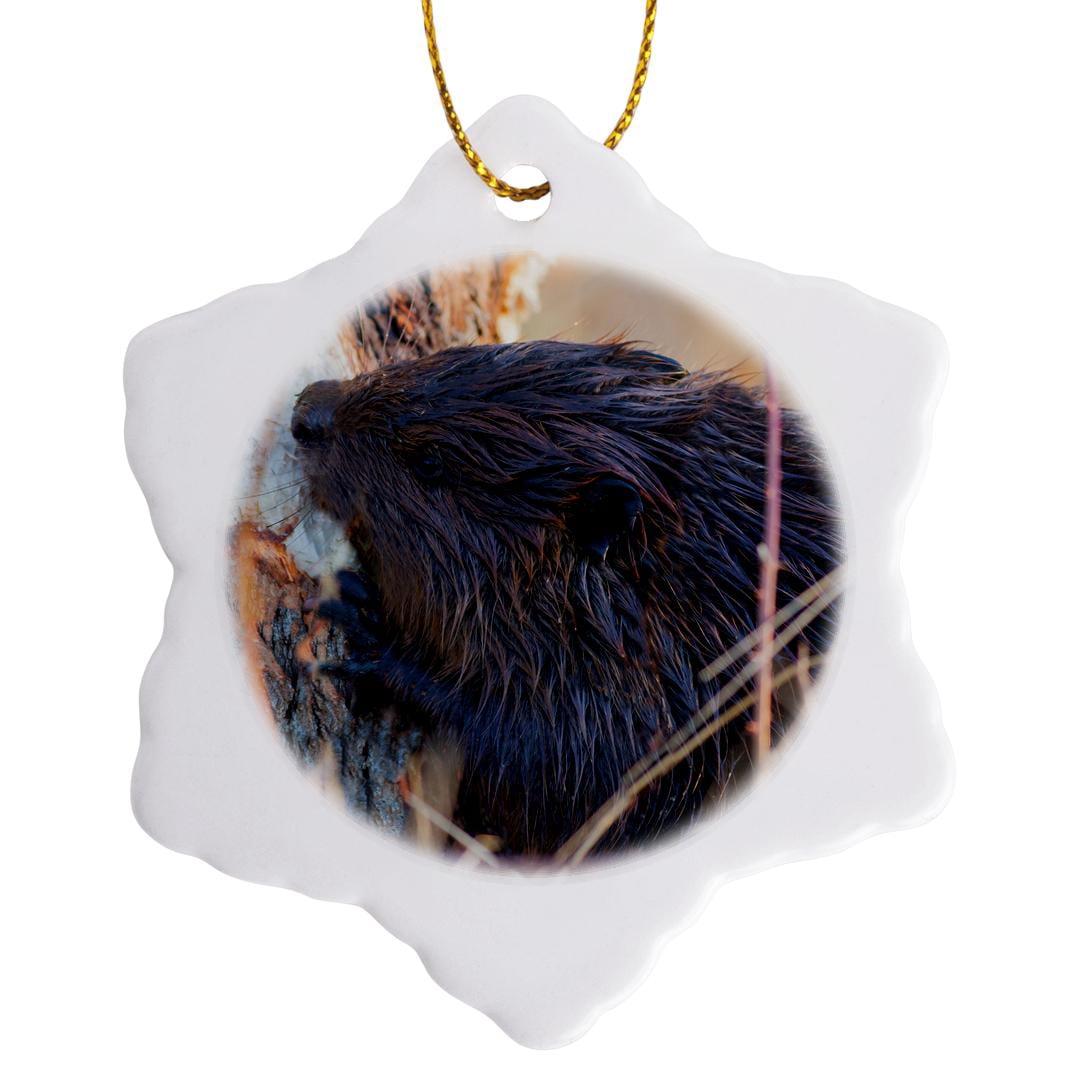 American Beaver Chewing Down Tree, 3 inch Snowflake Porcelain Ornament ...