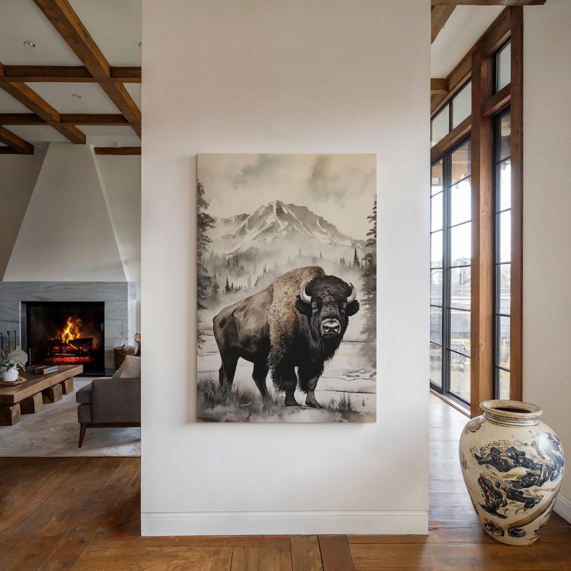 American Bison Art Print, Mountain Landscape, Vintage Buffalo Print ...