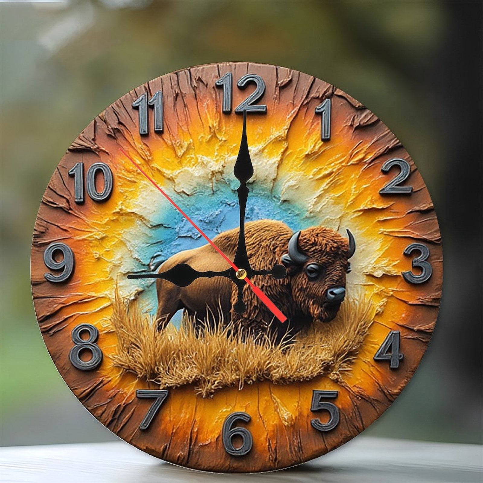 American Bison Wall Clock Rustic Decor 10-Inch Silent Wooden Wall Clock ...