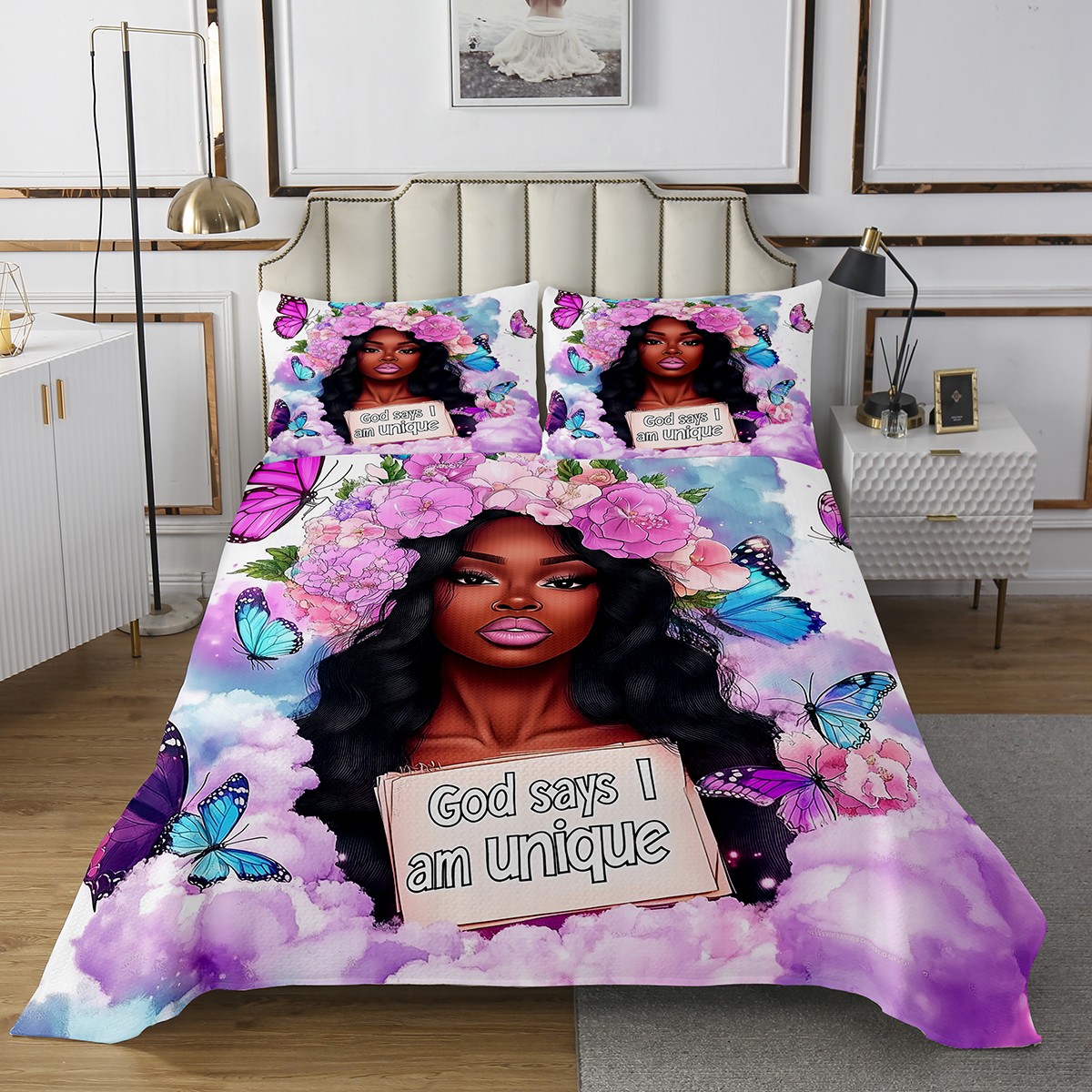 American Black Bedspread Blue Purple Butterfly Queen Quilt Set for ...