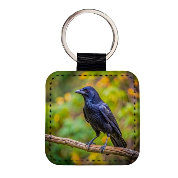 American Black Crow Backyard Bird Faux Leather Square Keychain ...