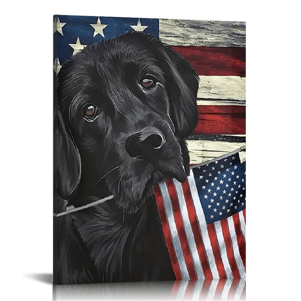 American Black Labrador Dog and Patriotic American Flag Canvas Wall Art ...