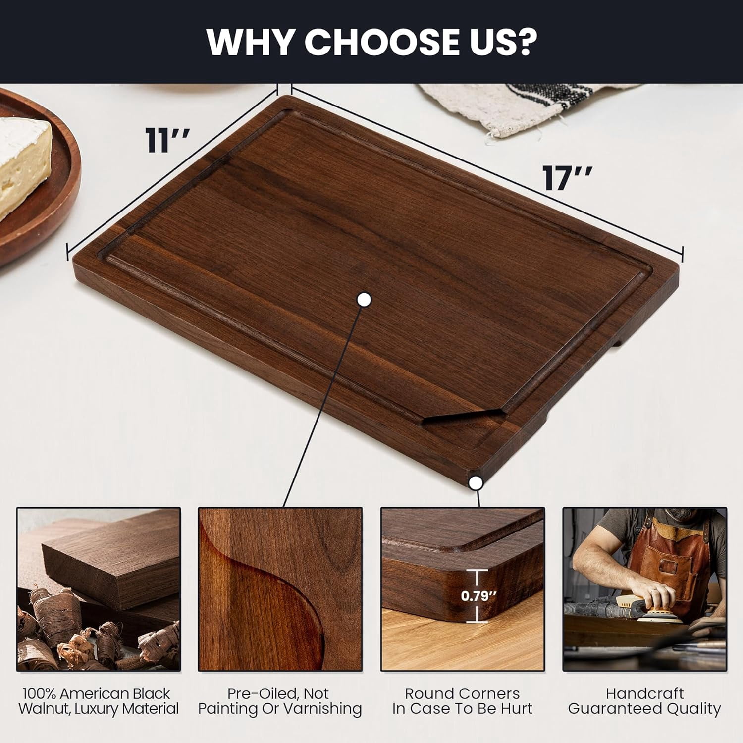American Black Walnut Cutting Board for Kitchen (17”x11”x0.8”) Pre ...