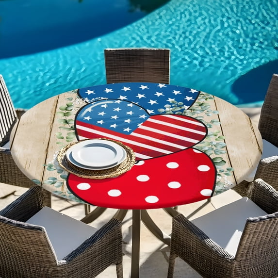 American Blue Red Love Heart Round Fitted Tablecloth with Elastic Edge ...