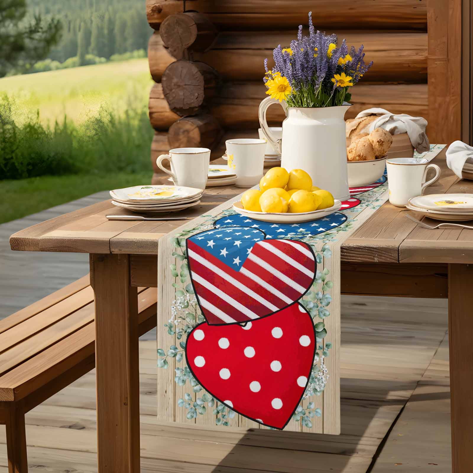 American Blue Red Love Heart Table Runner 13x72in Non-Slip Cotton Linen ...
