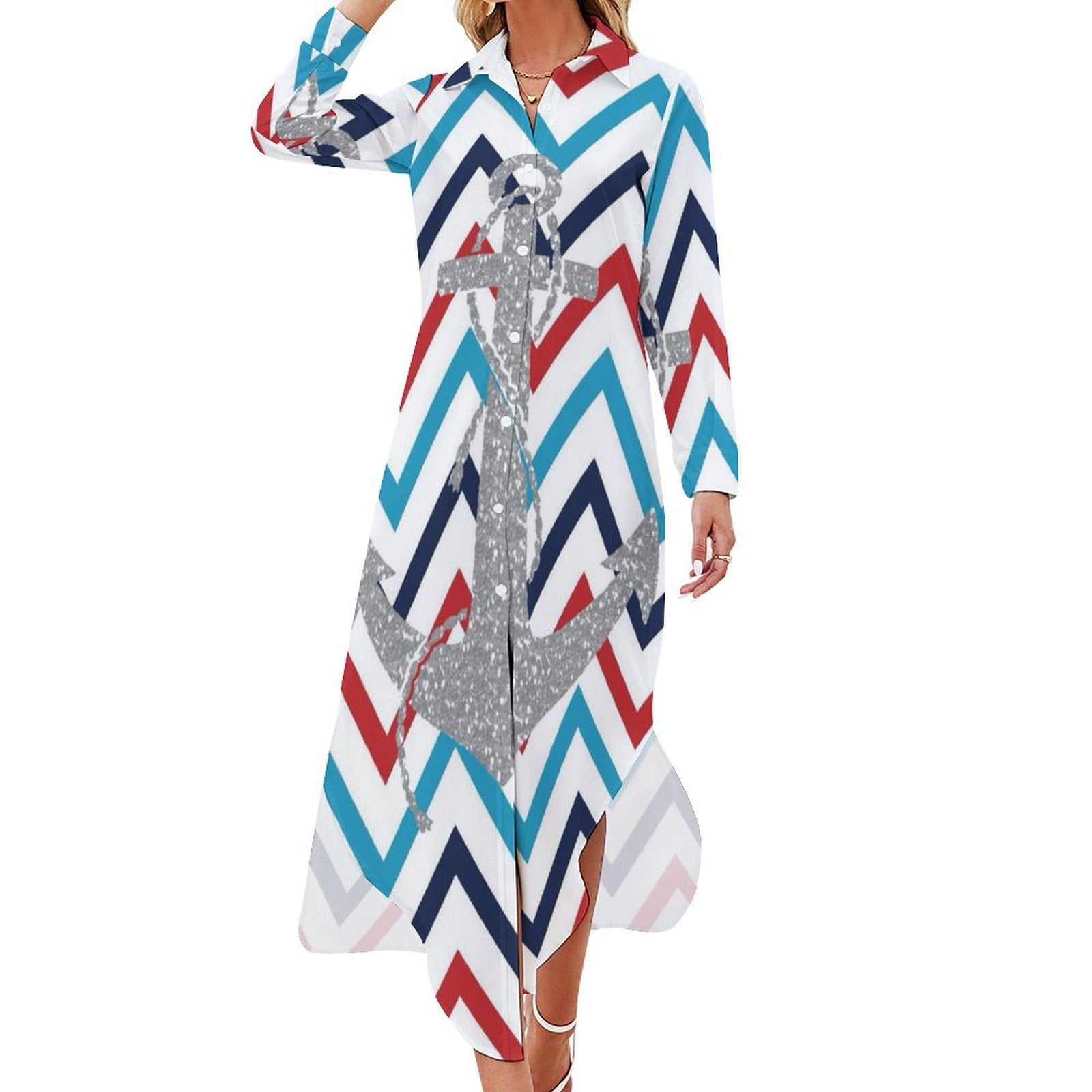 American Blue Red White Anchor Shirt Dress Long Sleeve Street Fashion V ...