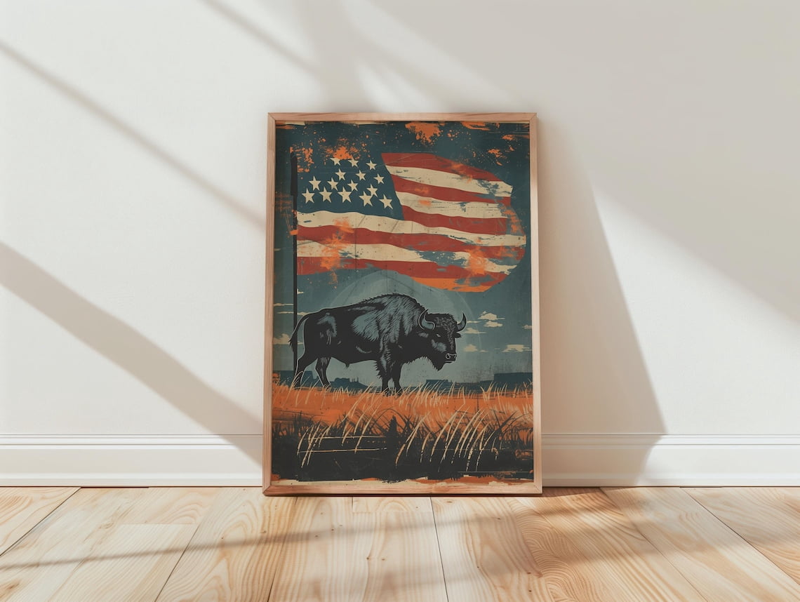 American Buffalo Wall Art Vintage Rustic Americana Decor Teal Orange ...