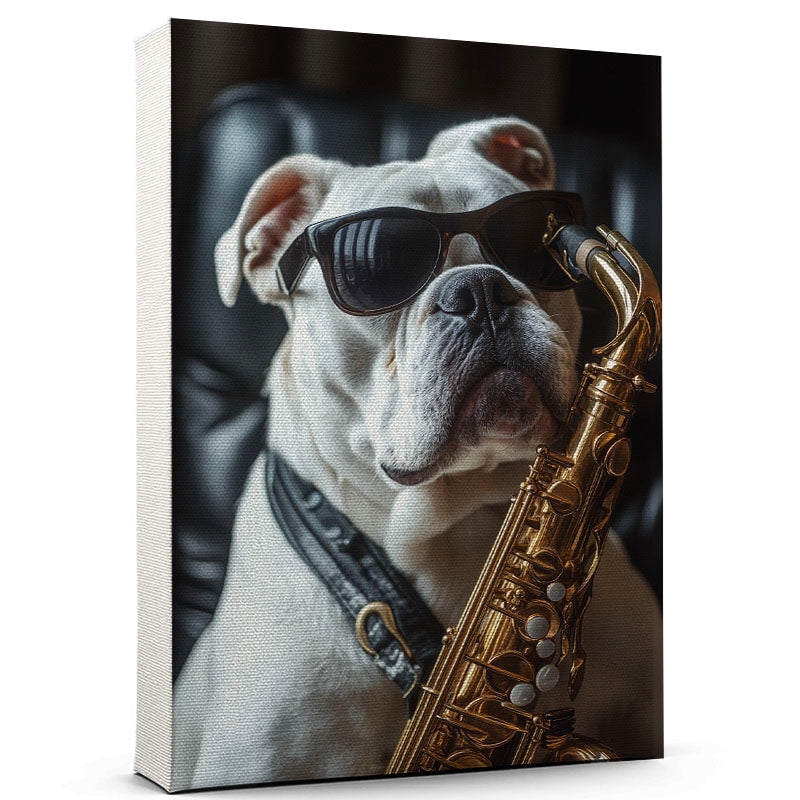 American Bulldog Dog Playing Saxophone Stretched Canvas Size 8x12 ...