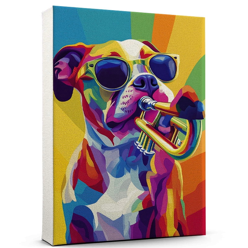 American Bulldog Dog Playing Trumpet Stretched Canvas Size 8x12 ...