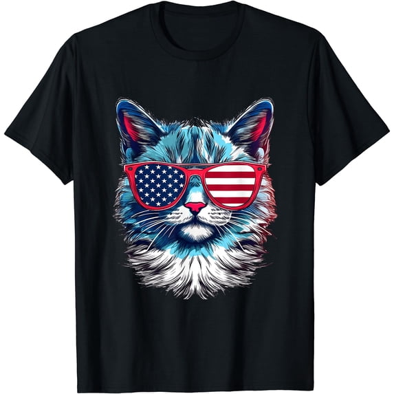 American Cat Sunglasses USA Flag 4th of July Cat Graphic T-Shirt ...