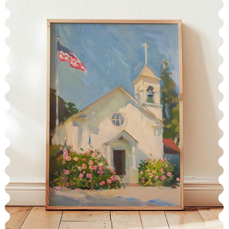 American Church Print – Patriotic Christian Wall Art, Vintage Country ...