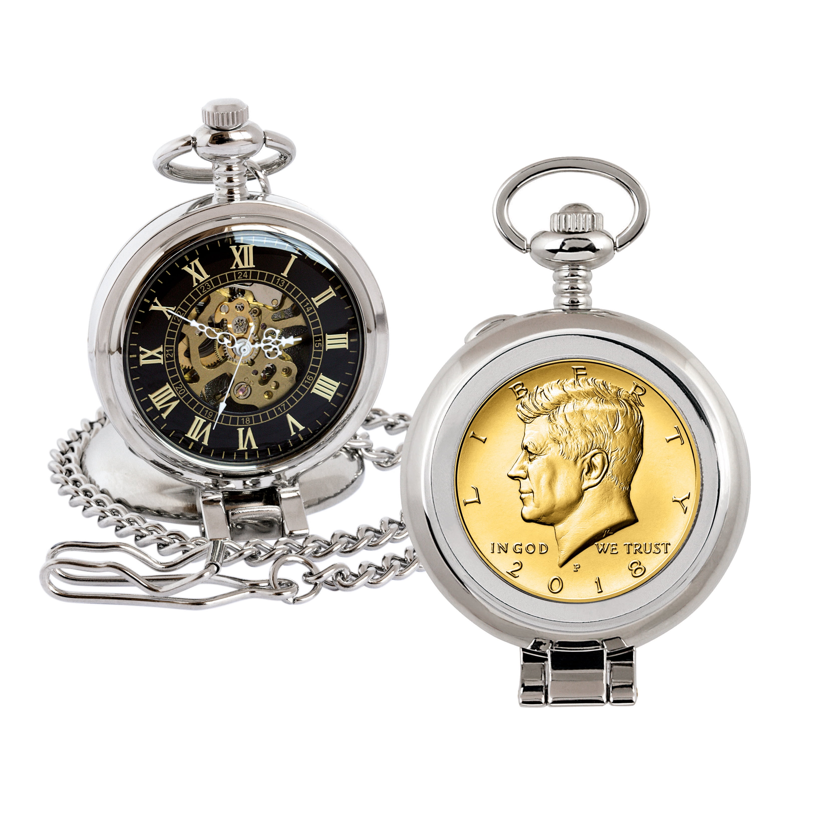 American Coin Treasures Gold Layered JFK Half Dollar Men's Pocket Watch ...