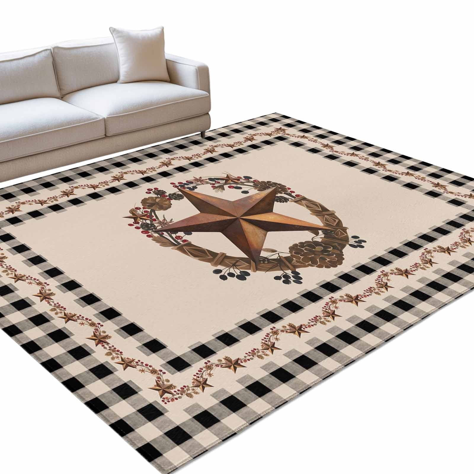 American Country 5x7ft Non Slip Area Rug Rusty Star Berries Vine Wreath ...