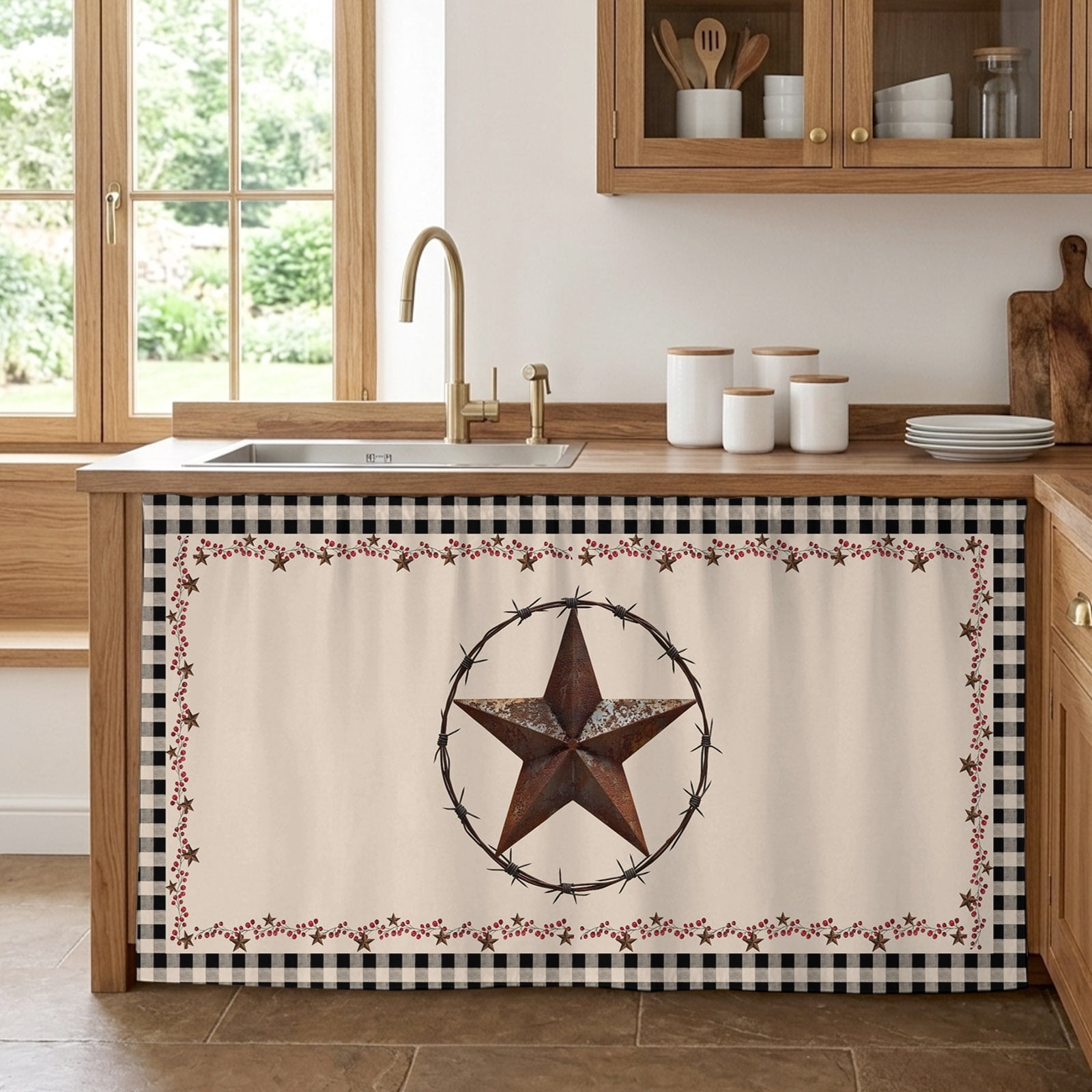 American Country Cabinet Curtains 32" W x 55" L, Star Farmhouse Beige ...