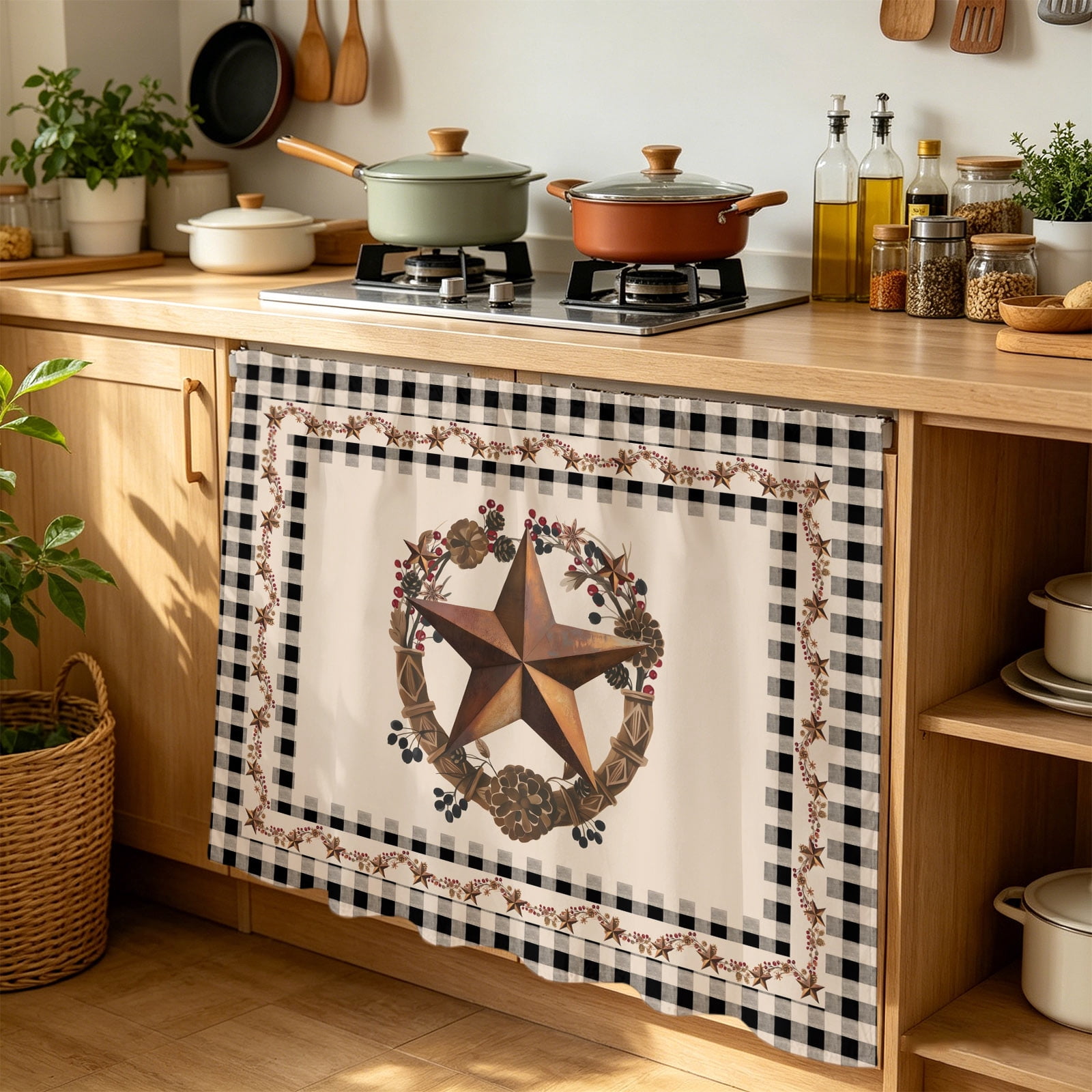 American Country Cabinet Curtains 35" W x 35" L Rusty Star Berries Vine ...