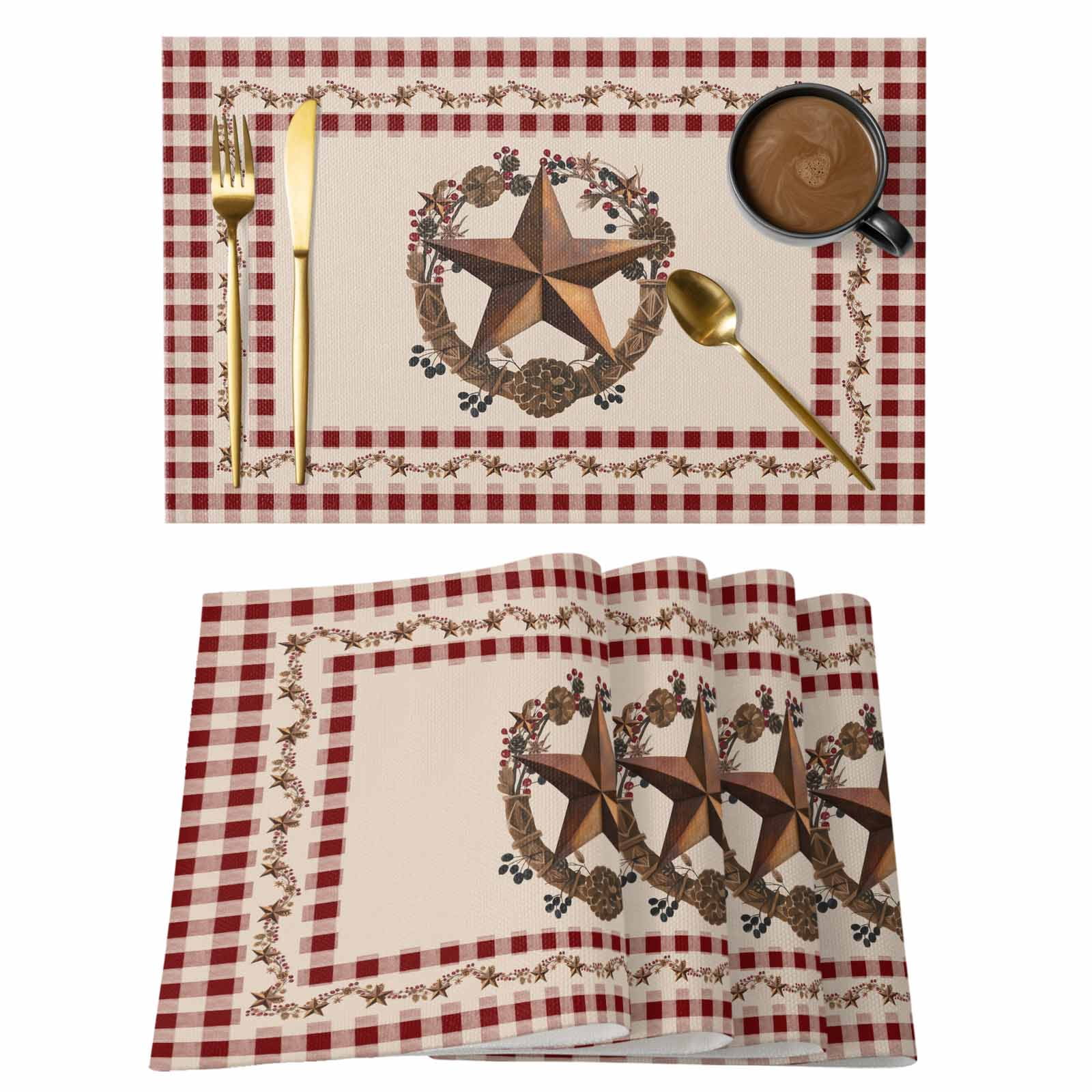 American Country Cotton Linen Placemats Set of 1, Rusty Star Berries ...