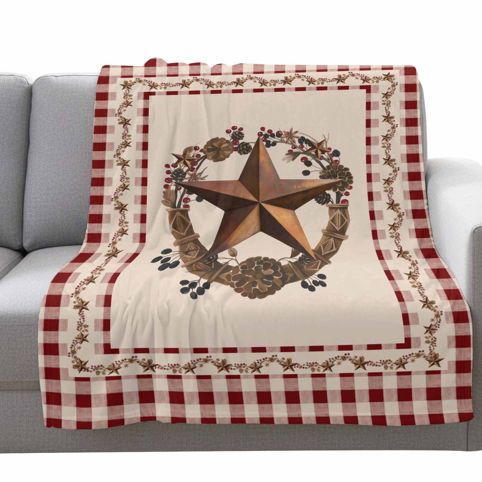 American Country Fleece Throw Blanket Lightweight Rusty Star Berries ...