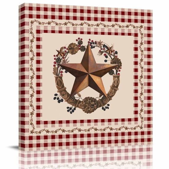 American Country Framed Canvas Wall Art, Rusty Star Berries Vine Wreath ...